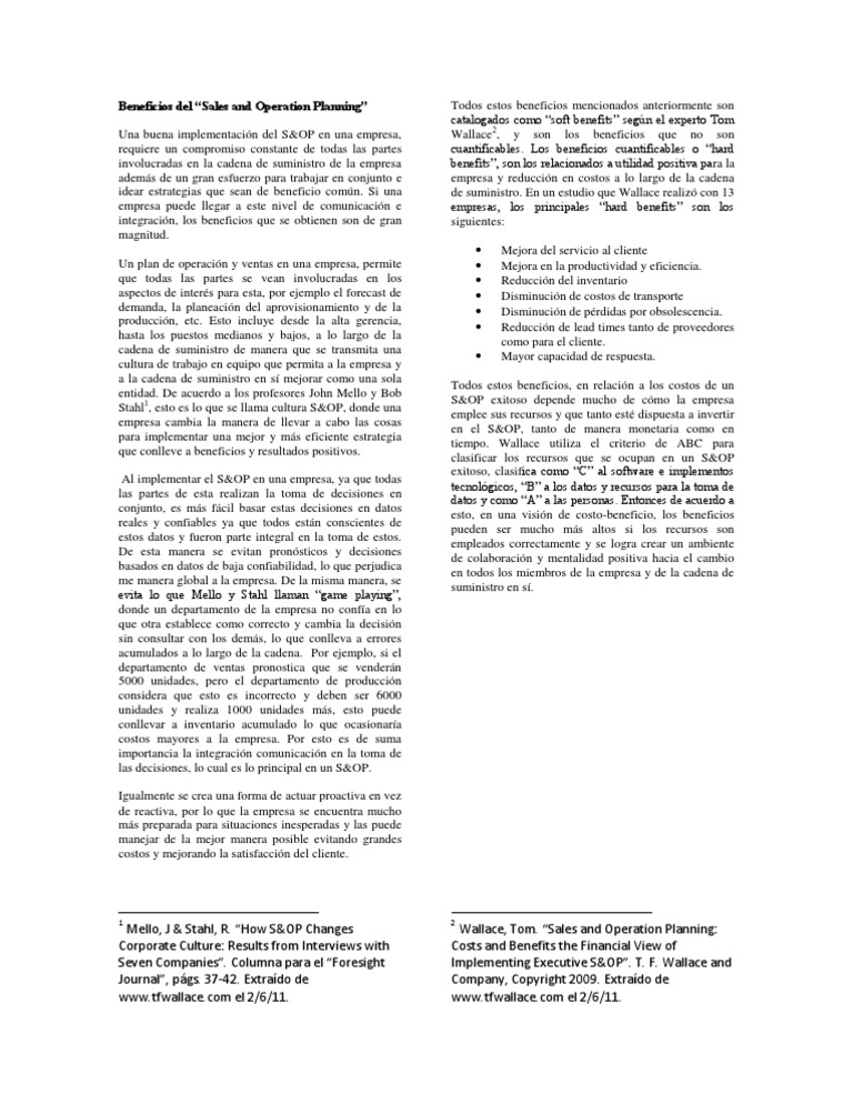 Beneficios Del S&OP Fabian | PDF | Beneficio (economía) | Toma de ...