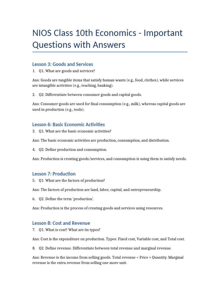 NIOS Class 10 Economics Q&A Guide | PDF | Goods | Demand