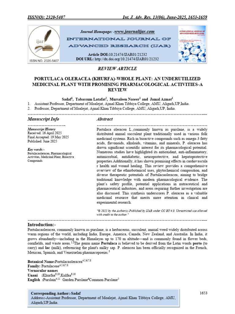 Khurfa: A Review of Medicinal Benefits | PDF | Tissue (Biology) | Leaf