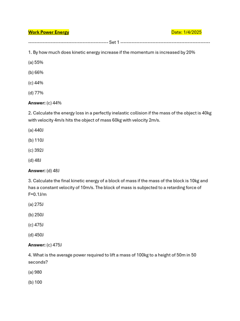 Work Power Energy - Answer Sheet | PDF | Rotation Around A Fixed Axis ...