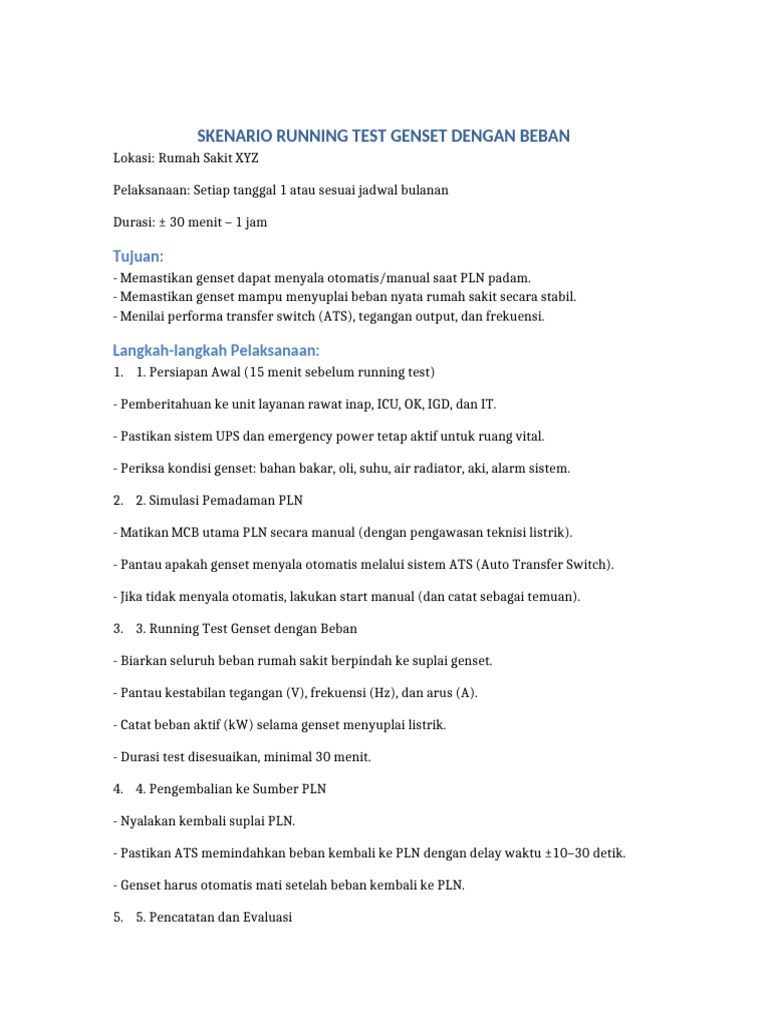 Skenario Running Test Genset RS | PDF