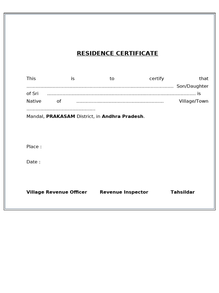 Andhra Pradesh Residence Certificate Format | PDF