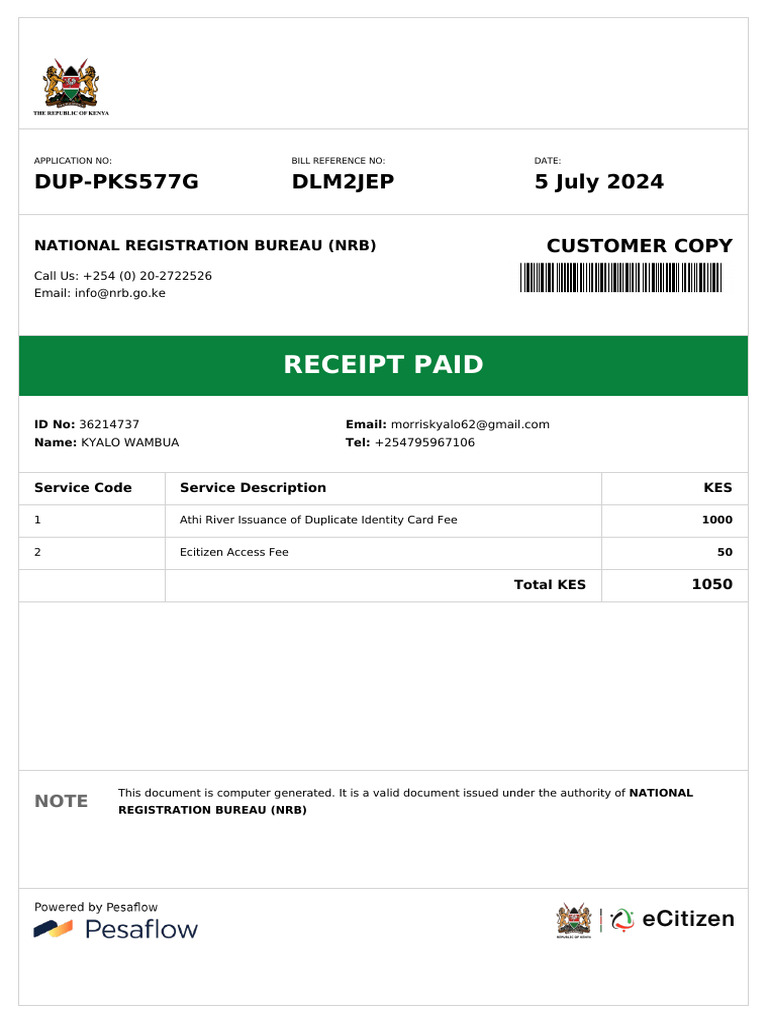 Dup Pks577g NRB Receipt | PDF