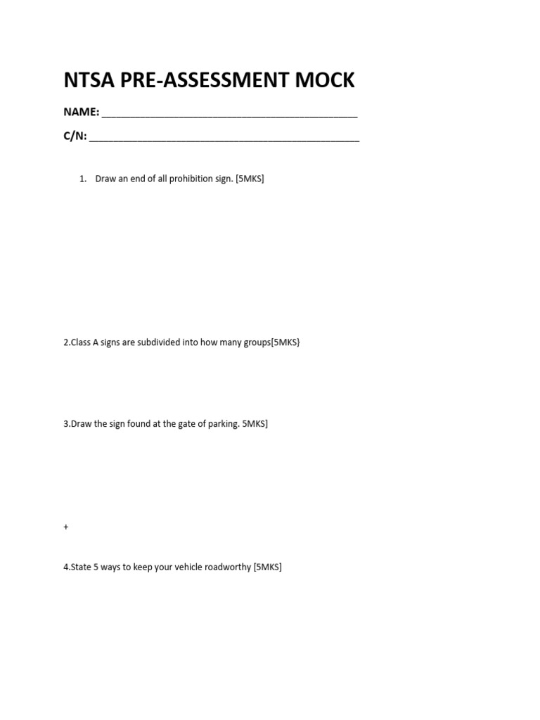 NTSA Pre-Assessment Mock Questions | PDF