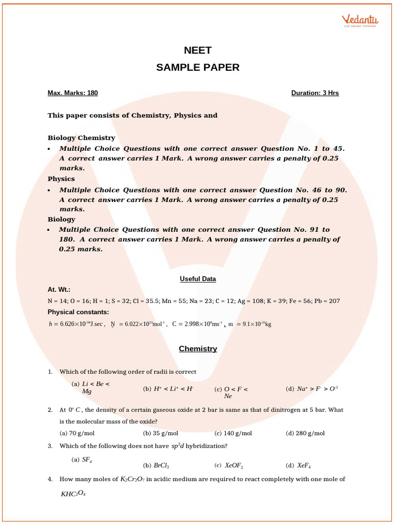 NEET Sample (Model-3) Question Paper With Answer Keys - Free PDF ...