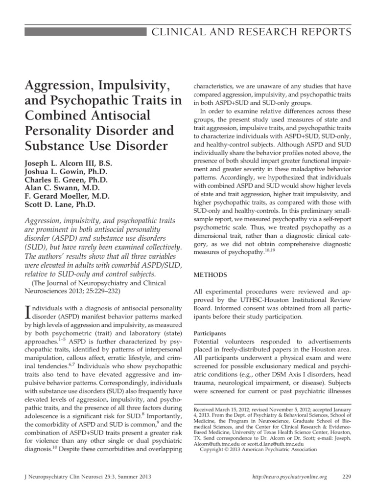 Aggression, Impulsivity and Psychopathic Traits Combined Antisocial ...