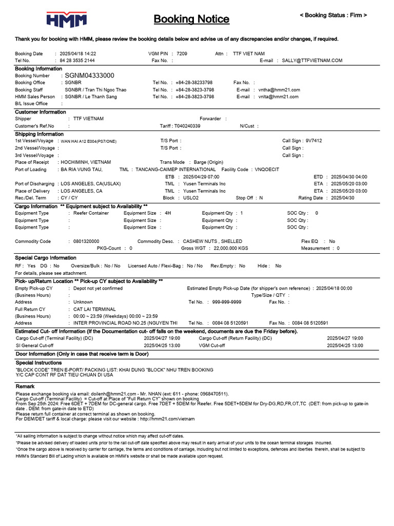 Booking Notice: SGNM04333000 | PDF | Freight Transport