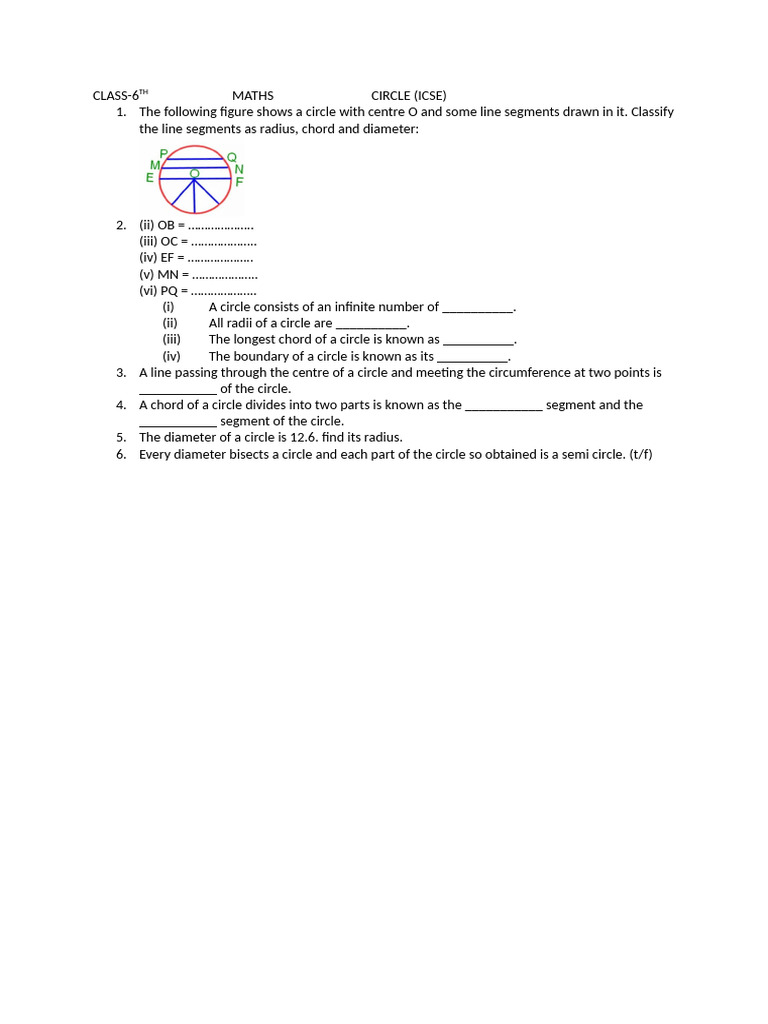 Circle Concepts Worksheet for Grade 6 | PDF