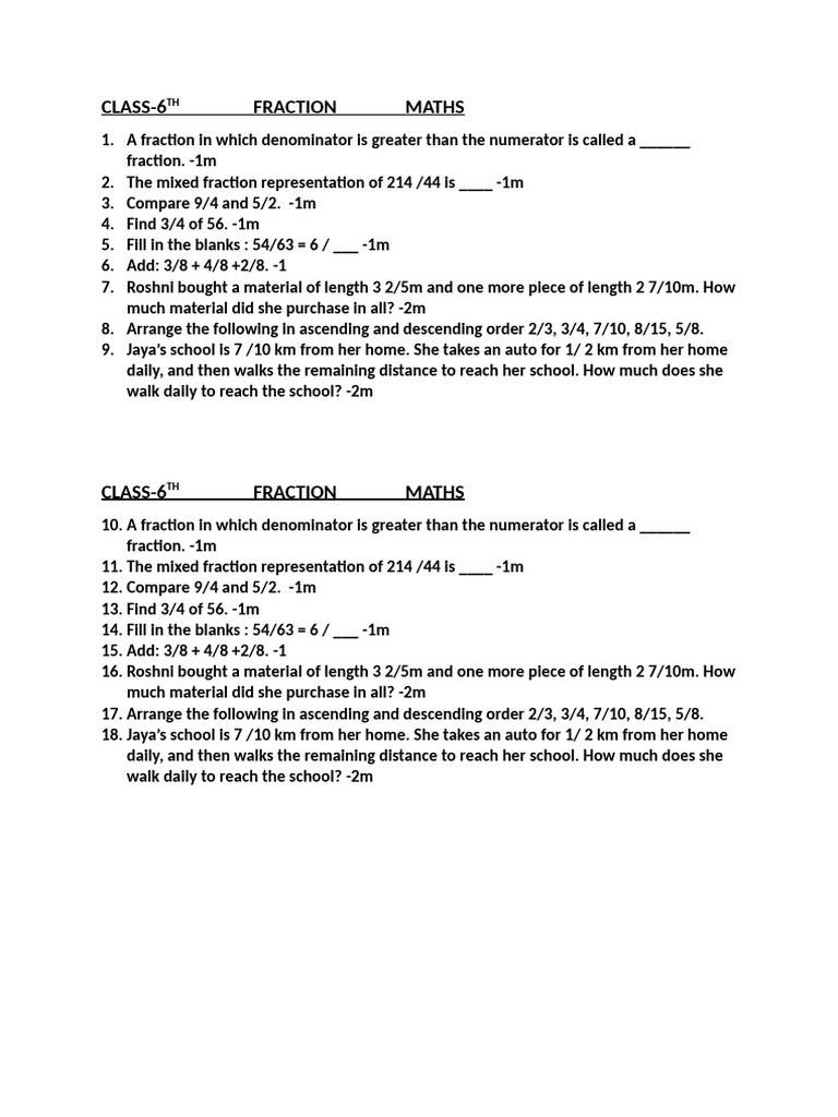 CLASS 6 Fraction | PDF