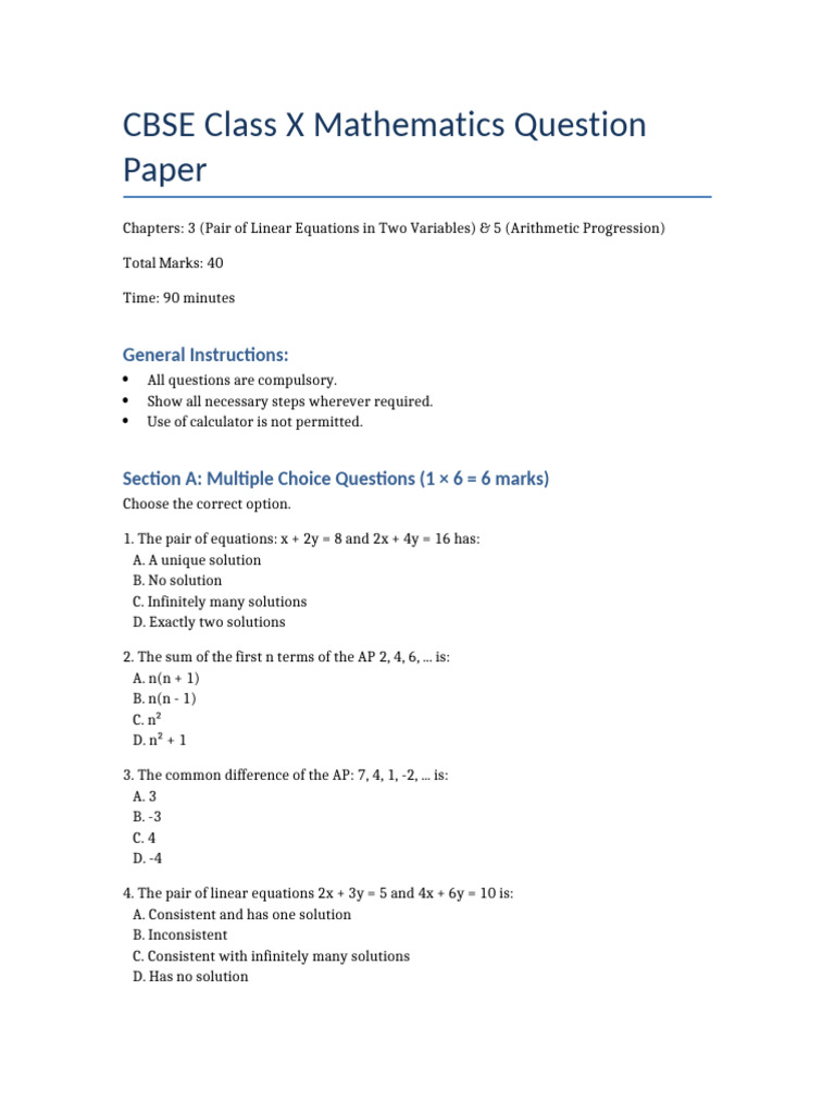 CBSE Class X Math Question Paper Updated | PDF | System Of Linear ...