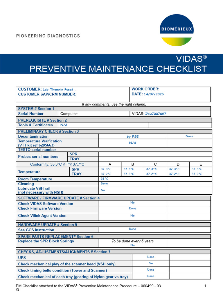 Thamrin Lab VIDAS Maintenance Checklist | PDF