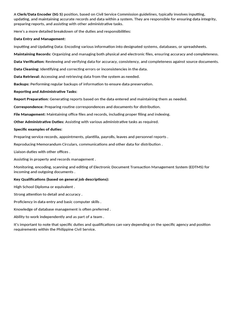 Data Encoder Job Description and Duties | PDF