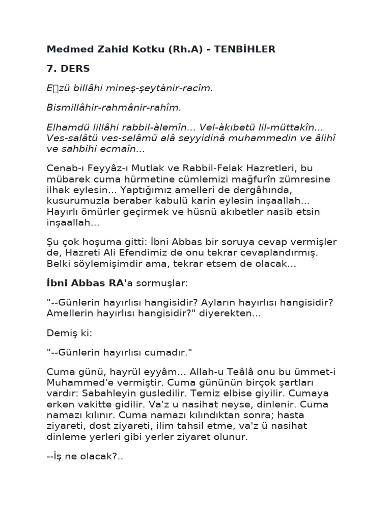 Medmed Zahid Kotku (Rh.a) - TENBİHLER - Ders - 7 | PDF