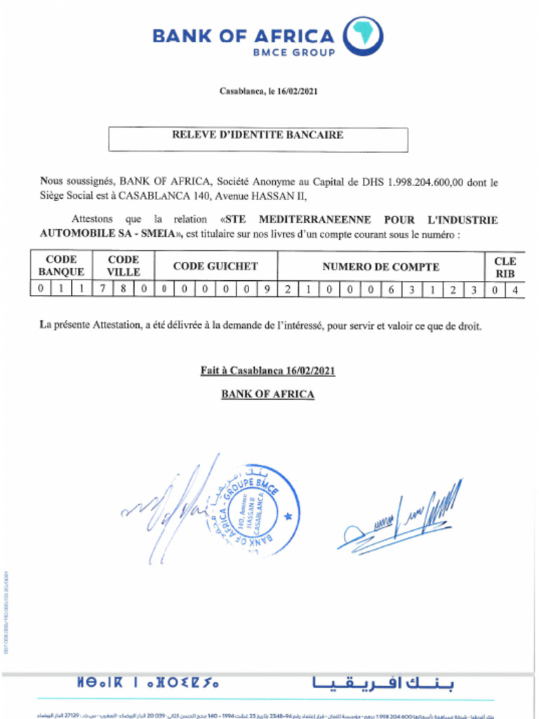 Attestation de Rib Bmce Smeia Casa | PDF