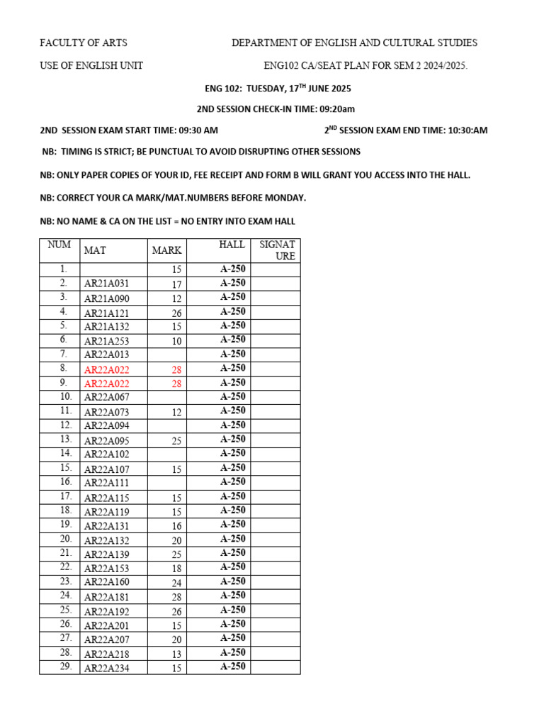 Eng102 Merge List With CA& Seat Plan 2025 Today Nonames | PDF