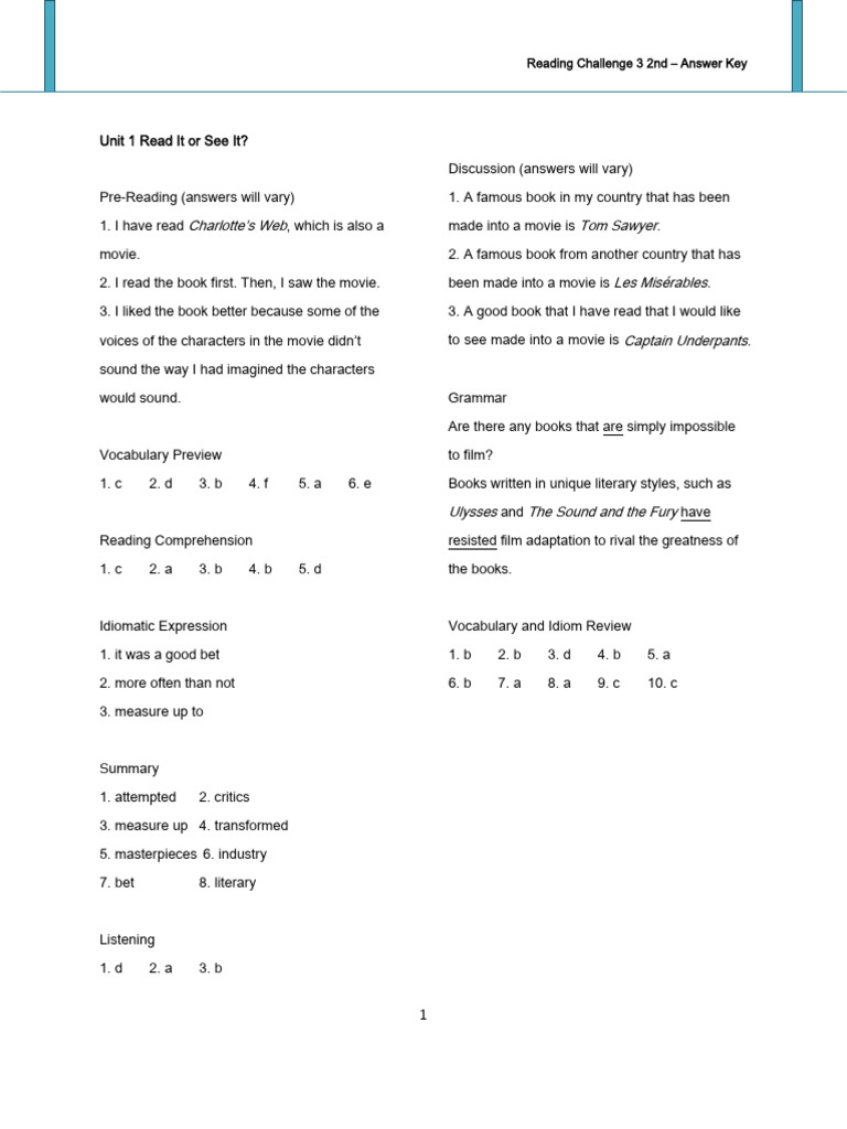 Reading Challenge 3 Answer Key | PDF | Idiom | Reading Comprehension
