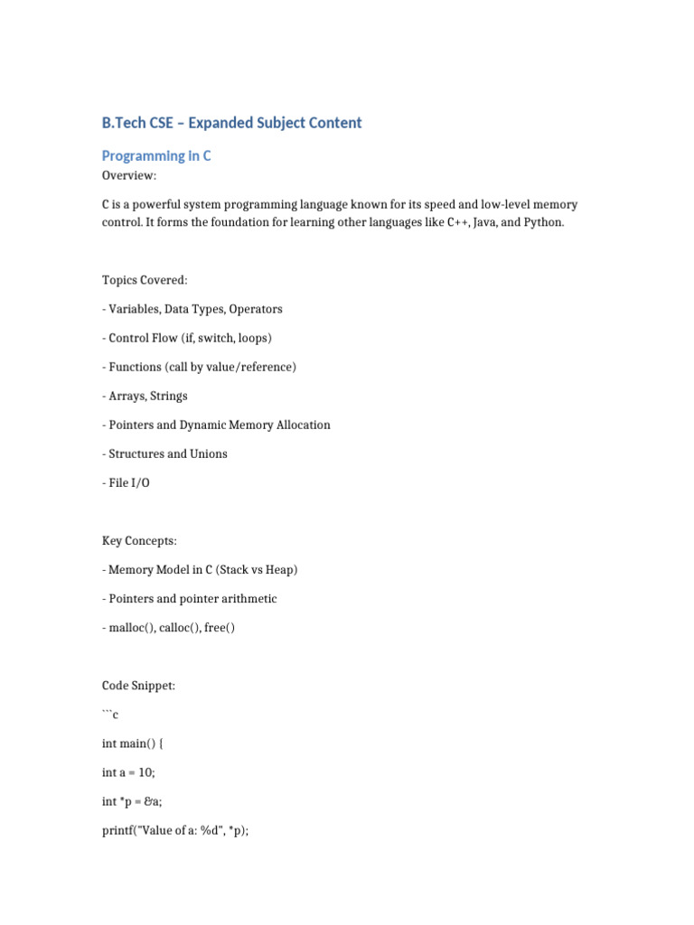 BTech CSE Expanded Subject Content | PDF | Pointer (Computer ...