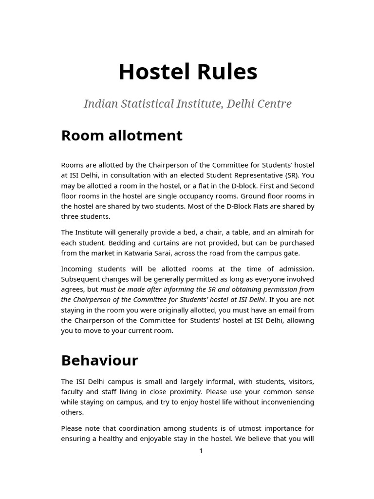 ISI Delhi Hostel Rules and Guidelines | PDF