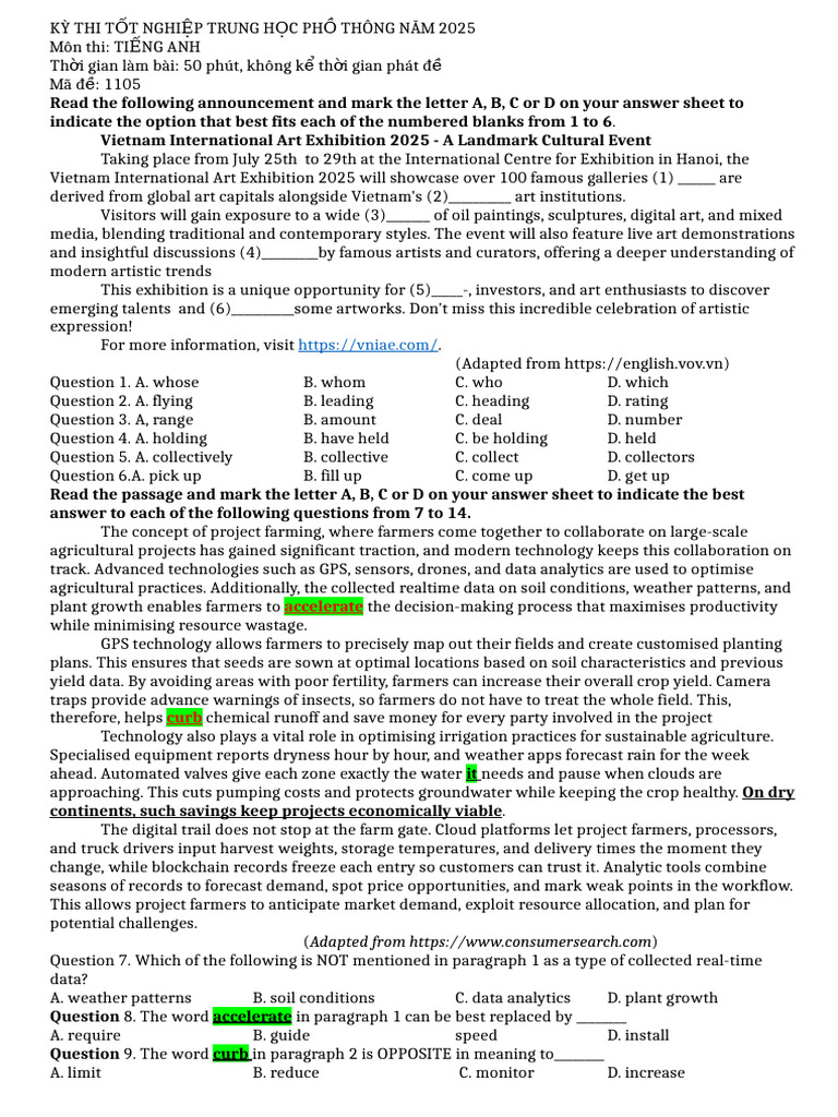 De Thi THPT Nam 2025 Ma de 1105 | PDF | Agriculture | Climate Change Mitigation