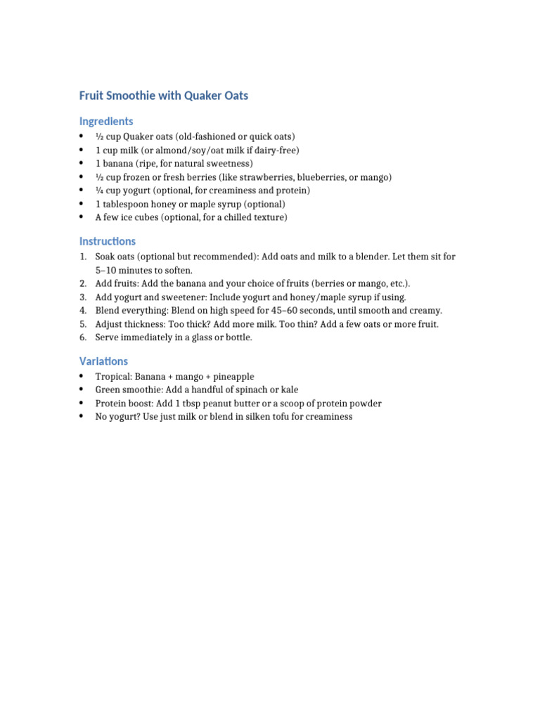 Fruit Smoothie With Quaker Oats | PDF