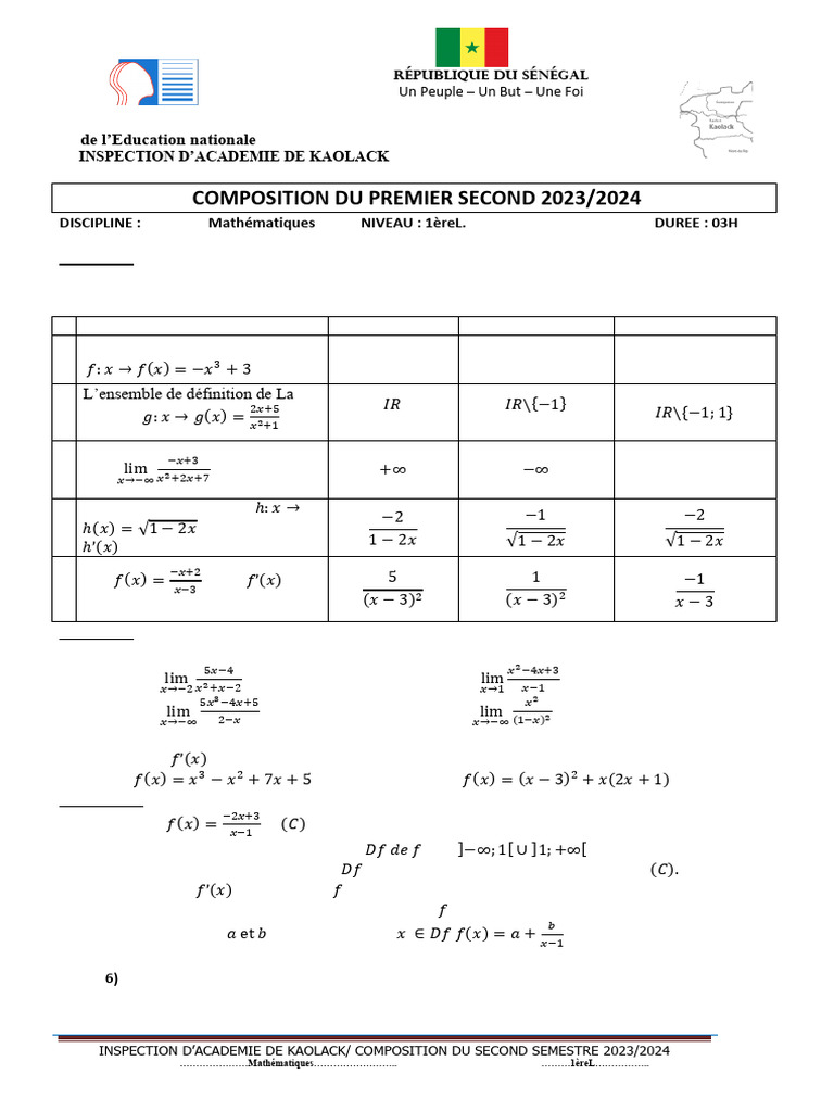 1erel Semestre 2 Sujet 1 Maths 2024 | PDF | Fonction (Mathématiques) | Relations mathématiques