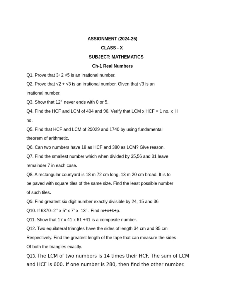 Real Numbers Assignment for Class X | PDF | Numbers | Mathematical Concepts