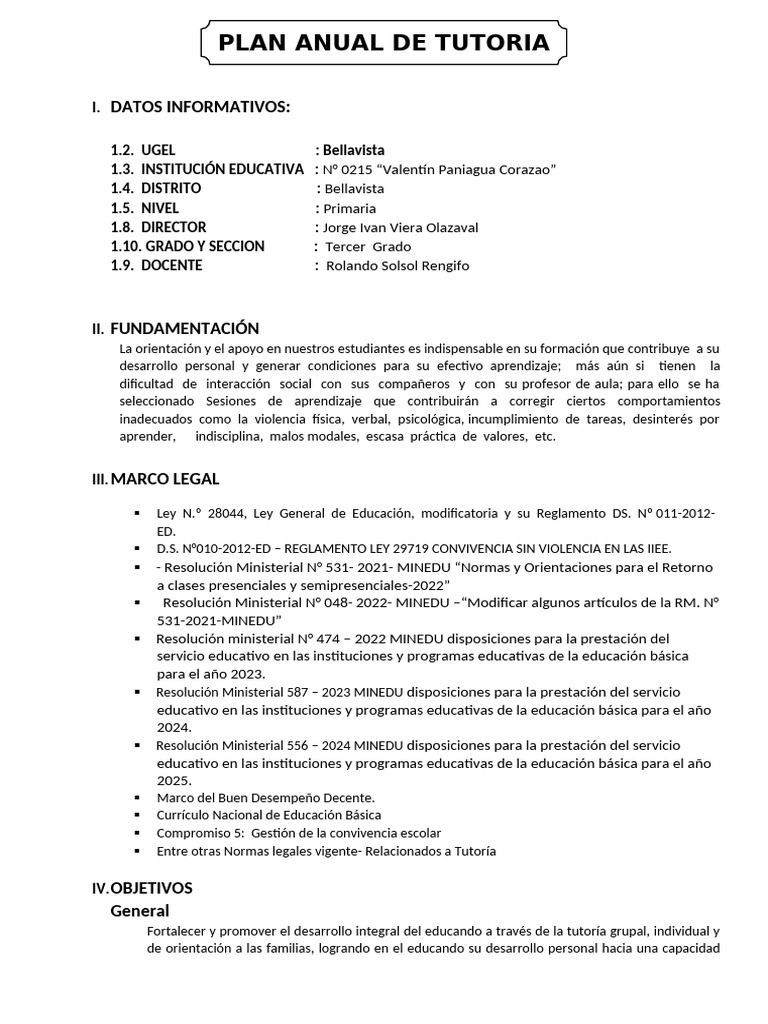Plan de Tutoria 3ro 2025 | PDF | Plan de estudios | Salón de clases