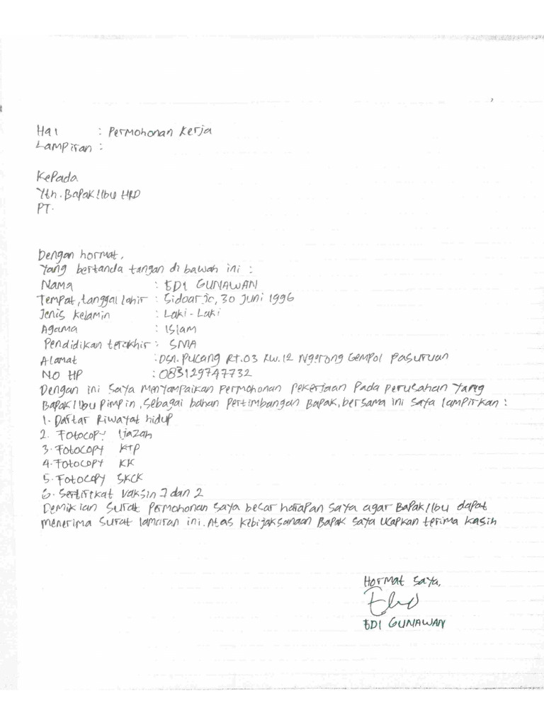 Surat Lamaran Kerja Edi Gunawan | PDF