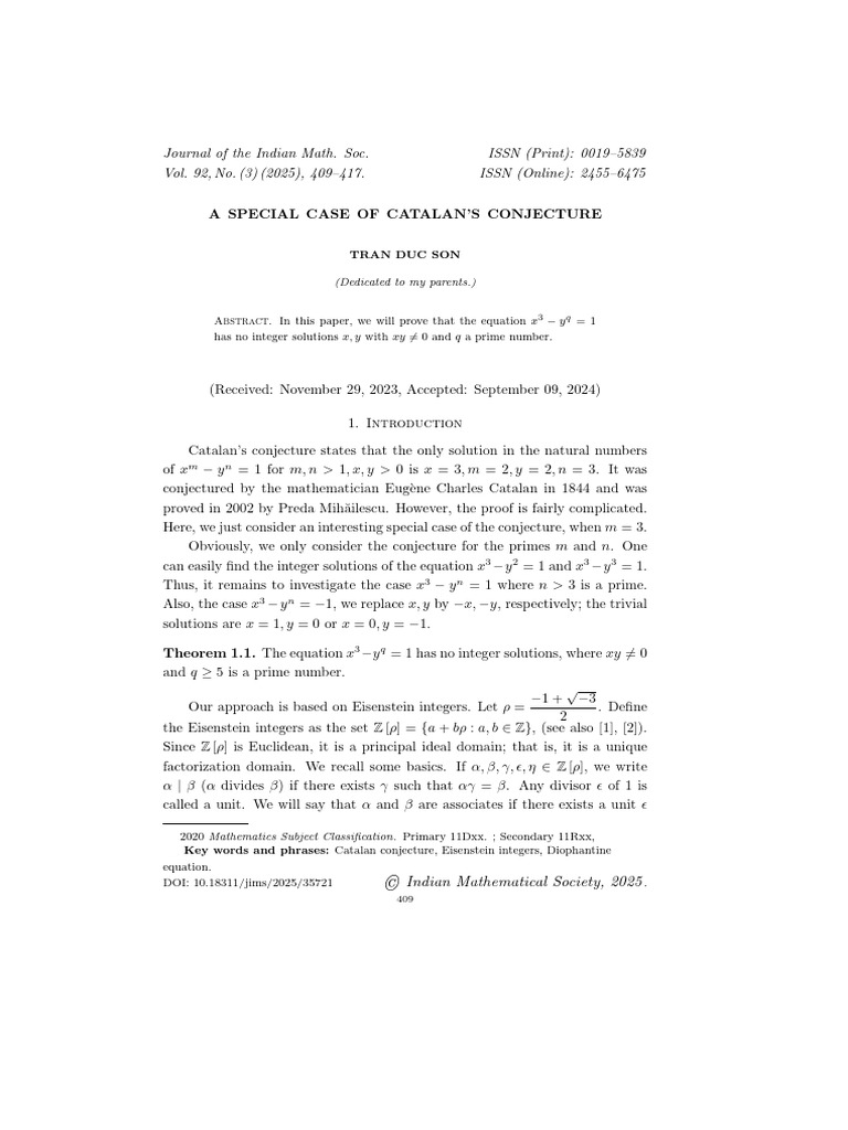 Tran Duc Son - A Special Case of Catalan Conjecture | PDF ...