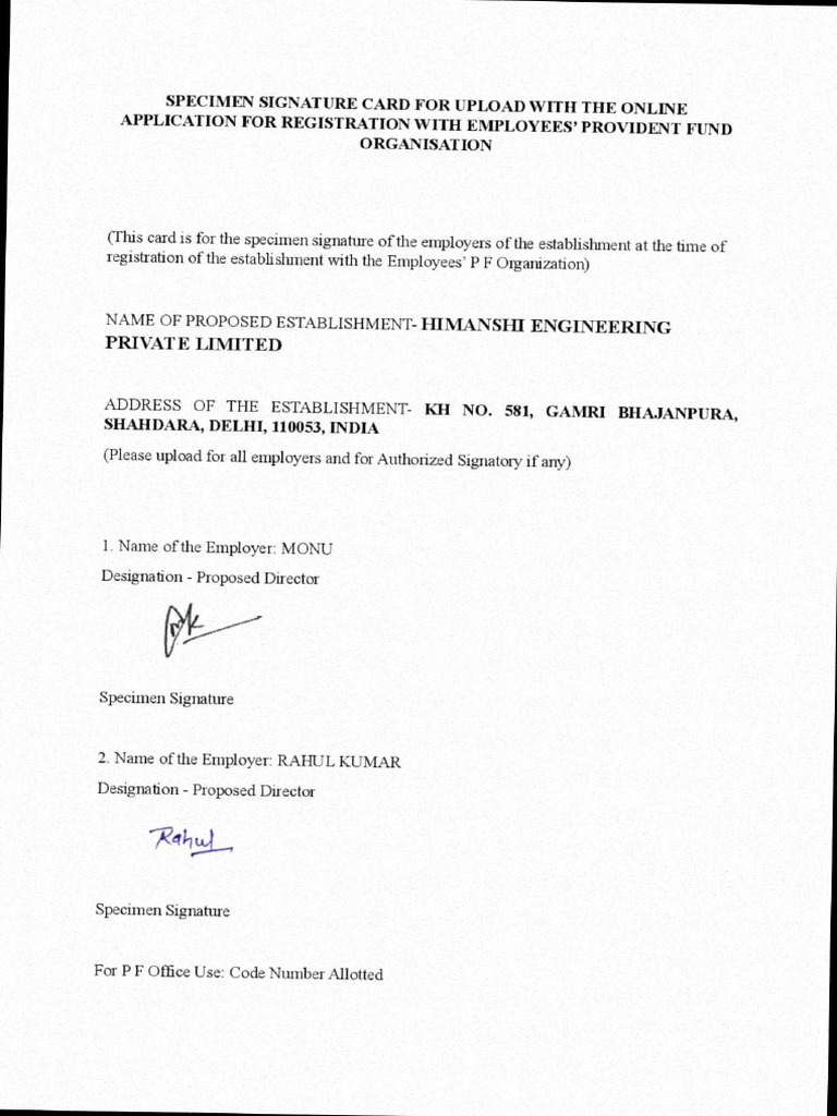 Specimen Signature Card | PDF