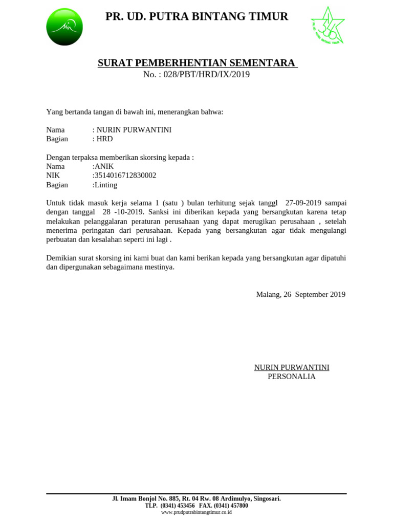 Surat Skorsing Karyawan Anik | PDF