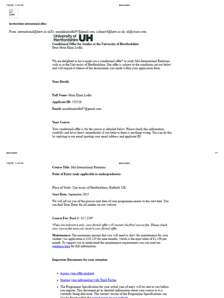 Conditional Offer for MA International Relations | PDF | International ...