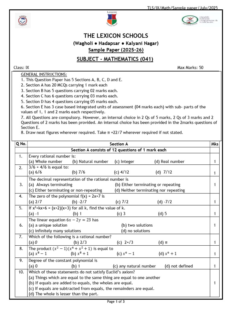 TLS IX Sample QP Mathematics Q.P 2025-26 | PDF | Numbers | Polynomial