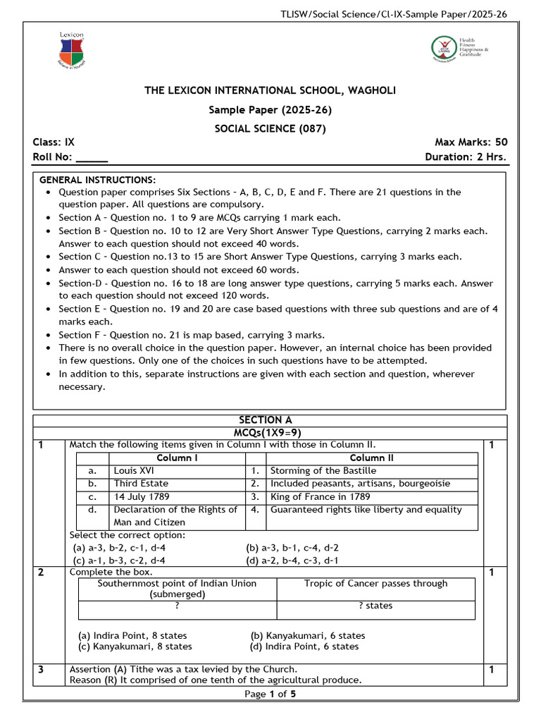 TLS Class IX SST Sample Paper QP 2025-2026-1 | PDF | Smallholding | Social Equality