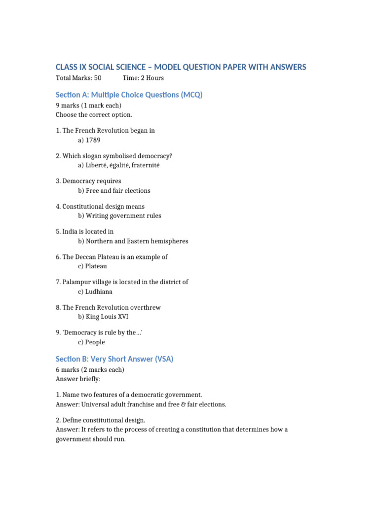Class 9 SST Model Question Paper | PDF | Agriculture