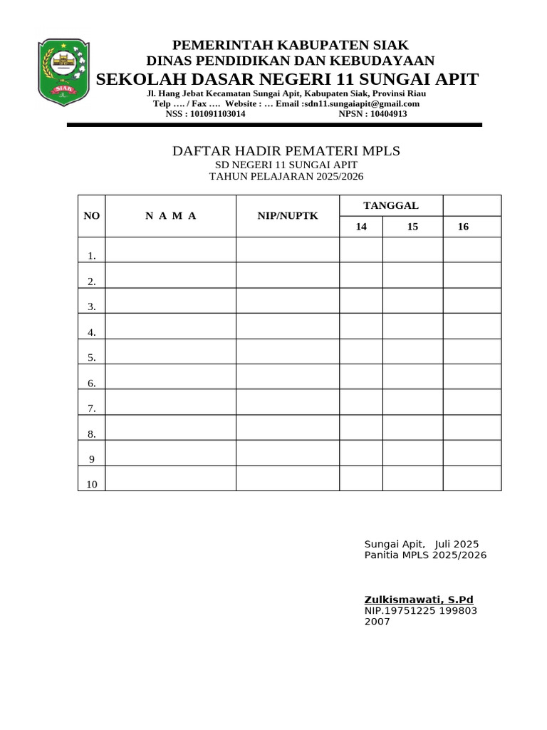 Contoh Daftar Hadir Pemateri MPLS 1 - WWW - Kherysuryawan.id | PDF