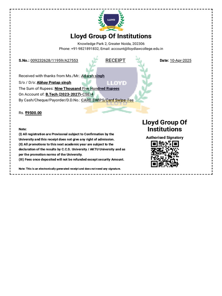 B.Tech Admission Fee Receipt 2025 | PDF