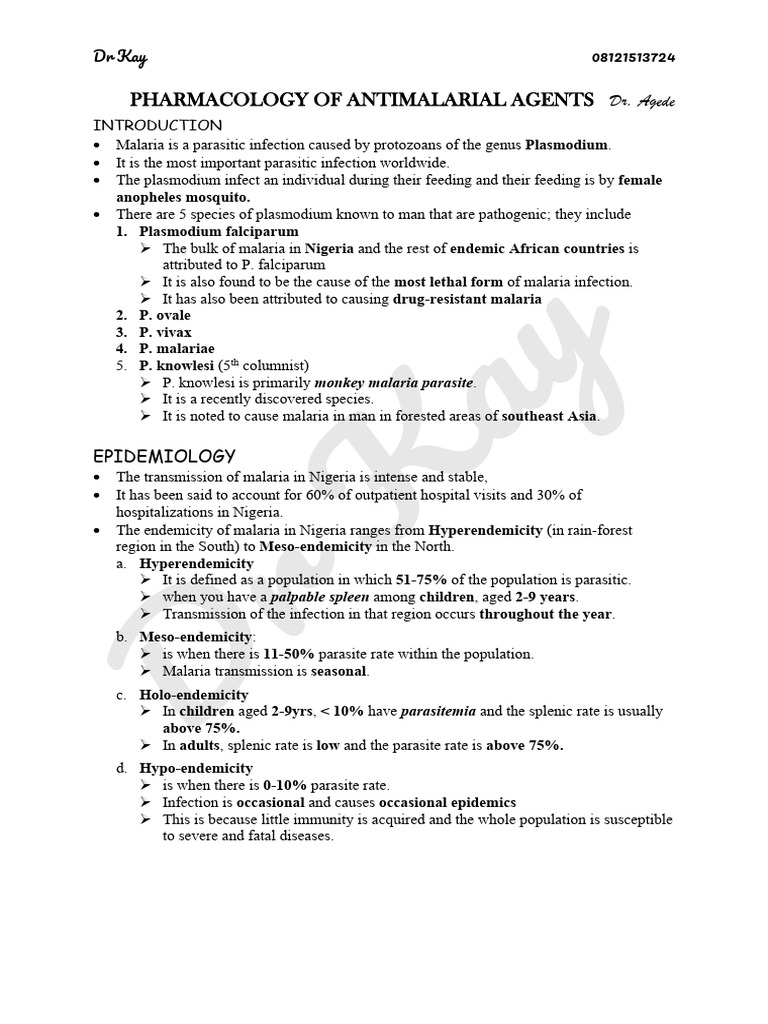 Pharmacology of Antimalarial Agents (DR Kay) | PDF | Malaria | Plasmodium