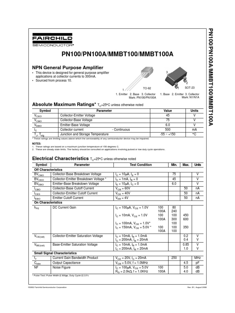 PN100/PN100A/MMBT100/MMBT100A: NPN General Purpose Amplifier | PDF ...