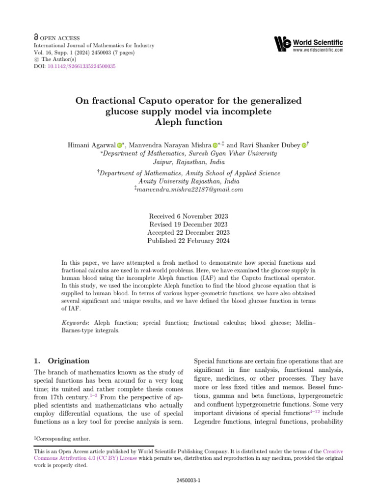 Agarwal Et Al 2024 On Fractional Caputo Operator For The Generalized Glucose Supply Model Via