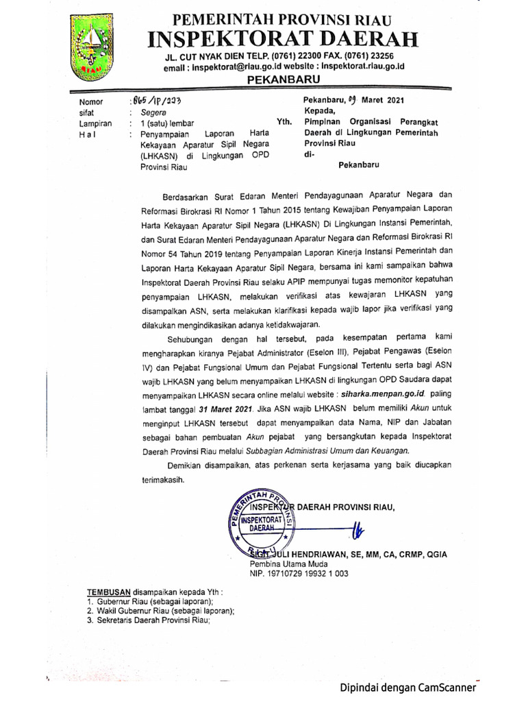 Surat Penyampaian LHKASN OPD | PDF