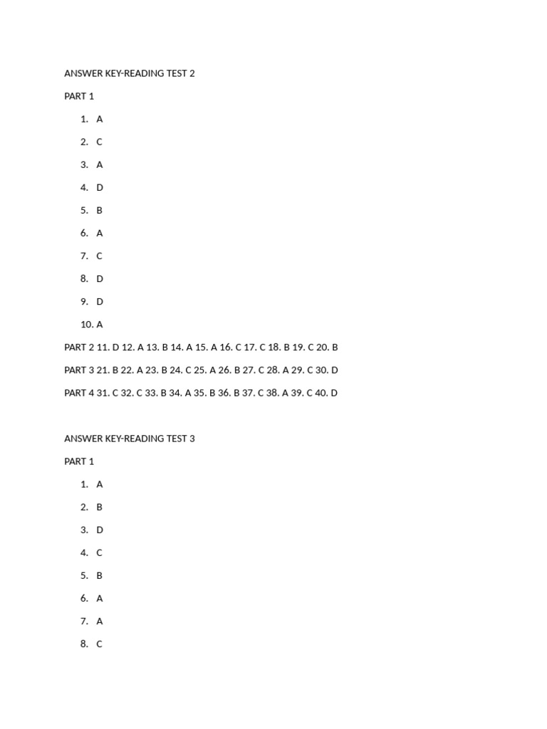 Reading Test Answer Key 2 & 3 | PDF