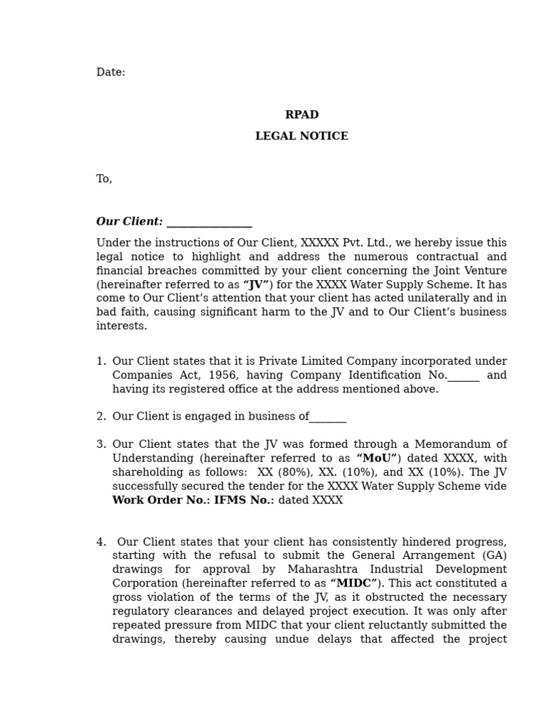 Legal Notice for JV Breach Issues | PDF | Balance Sheet