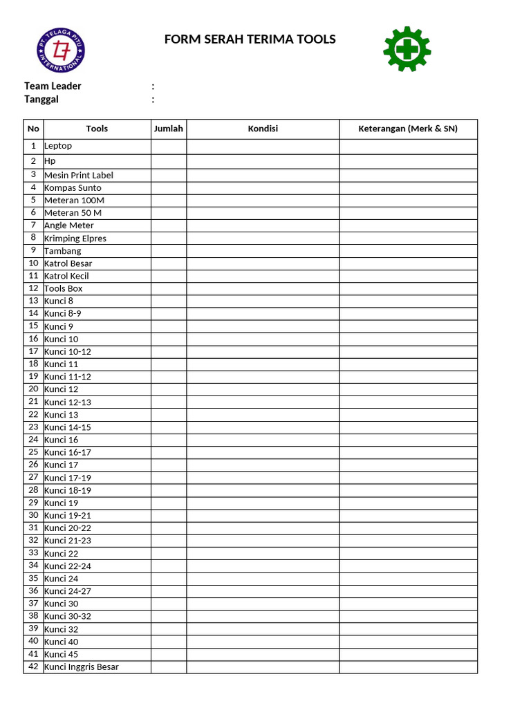 Form Serah Terima Tools | PDF