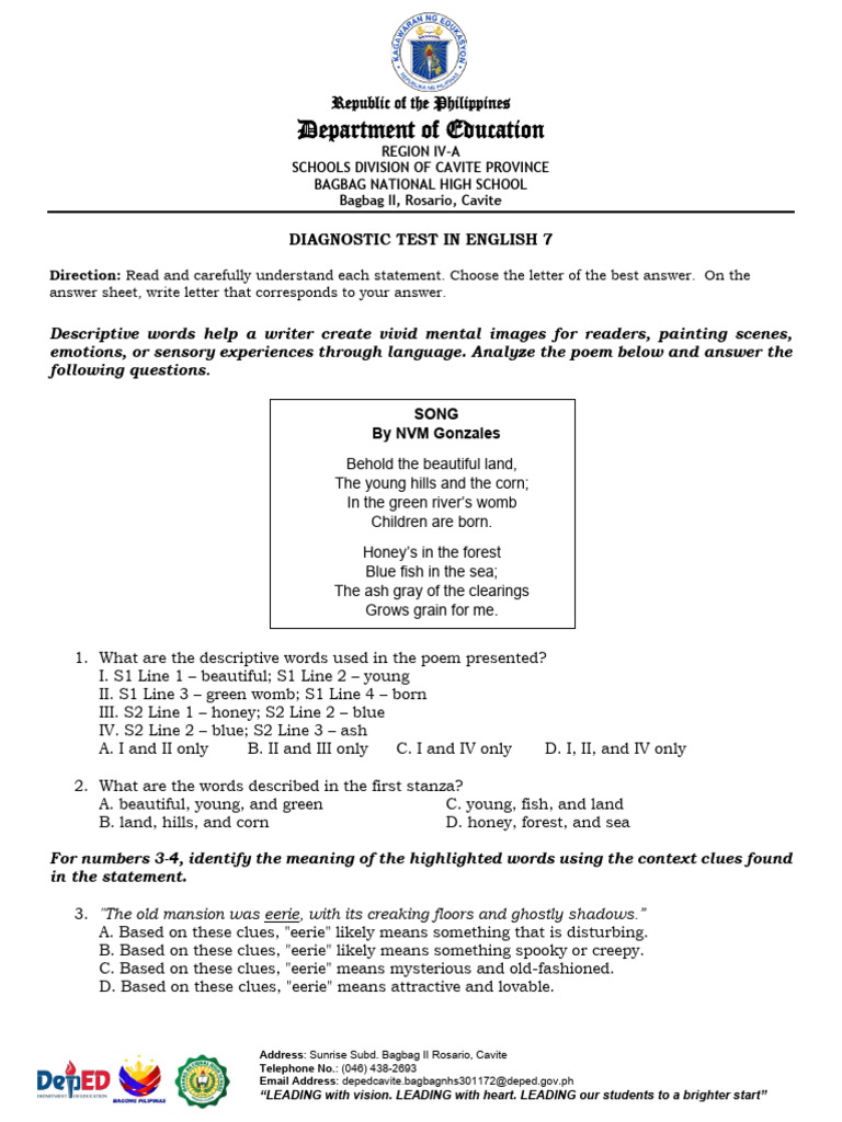 ENGL7 Q1 Diagnostic-Test | PDF | Rainforest
