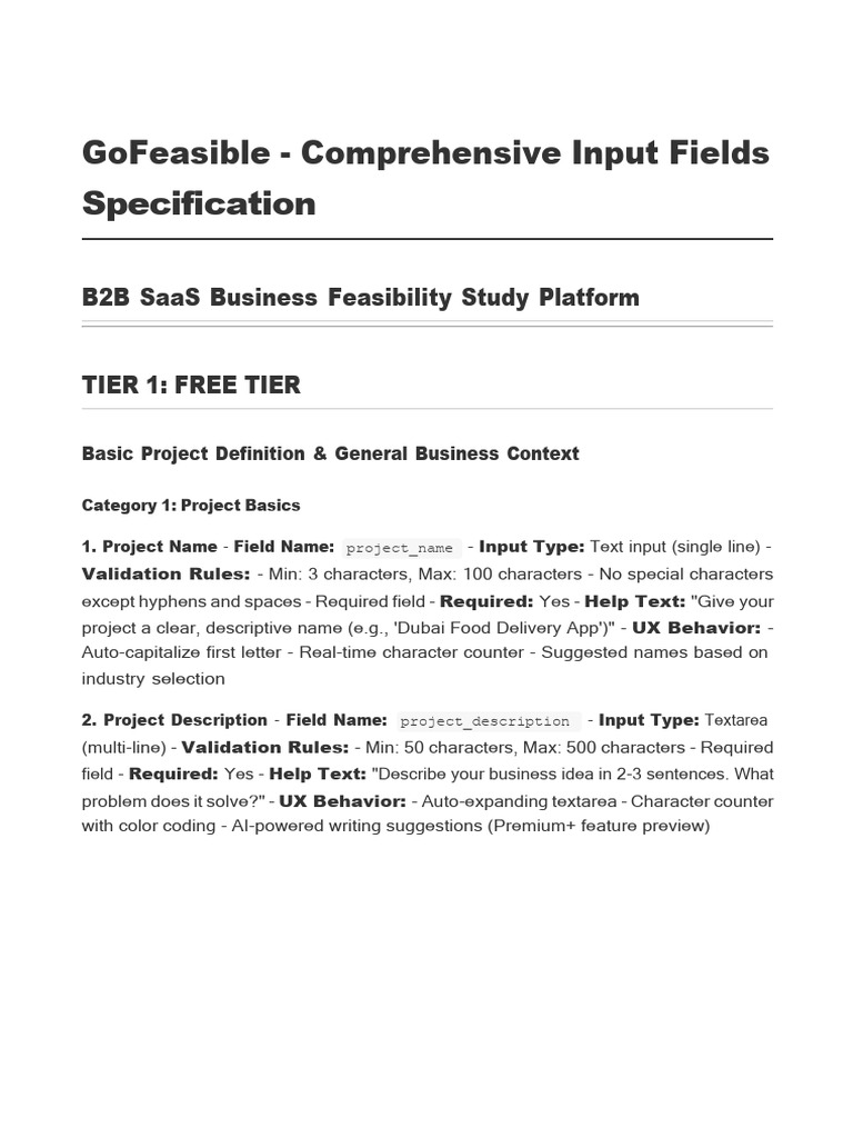 GoFeasible Comprehensive Input Fields Specification | PDF ...