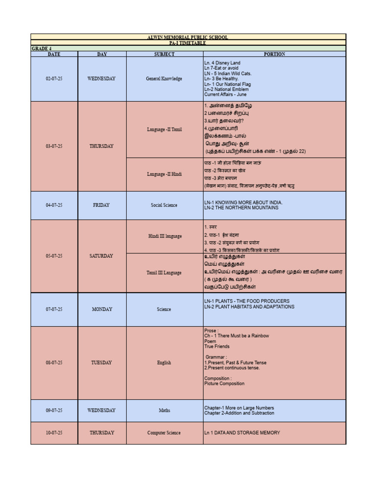 Grade 4 - Pa 1 Timetable - 1 | PDF