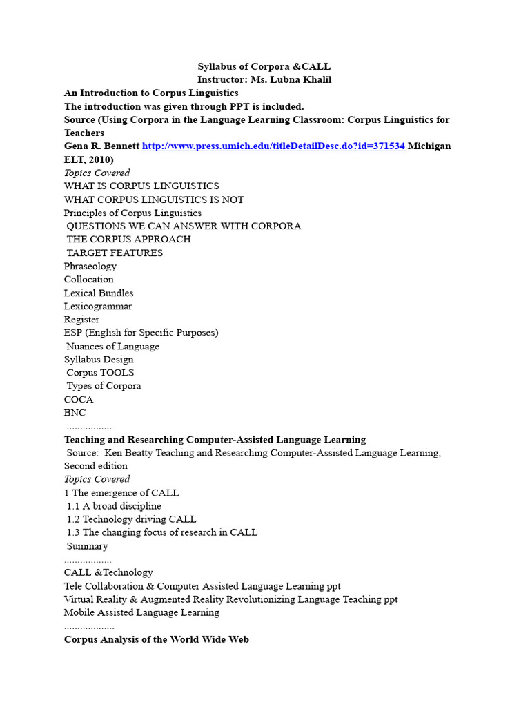 Corpus Linguistics & CALL Syllabus | PDF | Second Language Acquisition ...