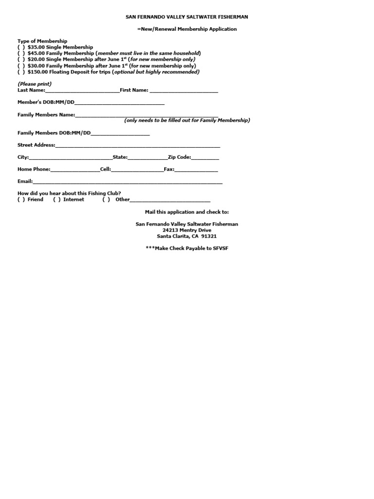 Fishing Club Membership Form | PDF