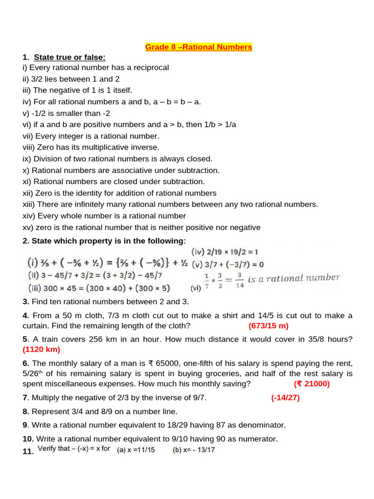 Class 8 Maths -Rational Numbers - Worksheet | PDF | Rational Number ...